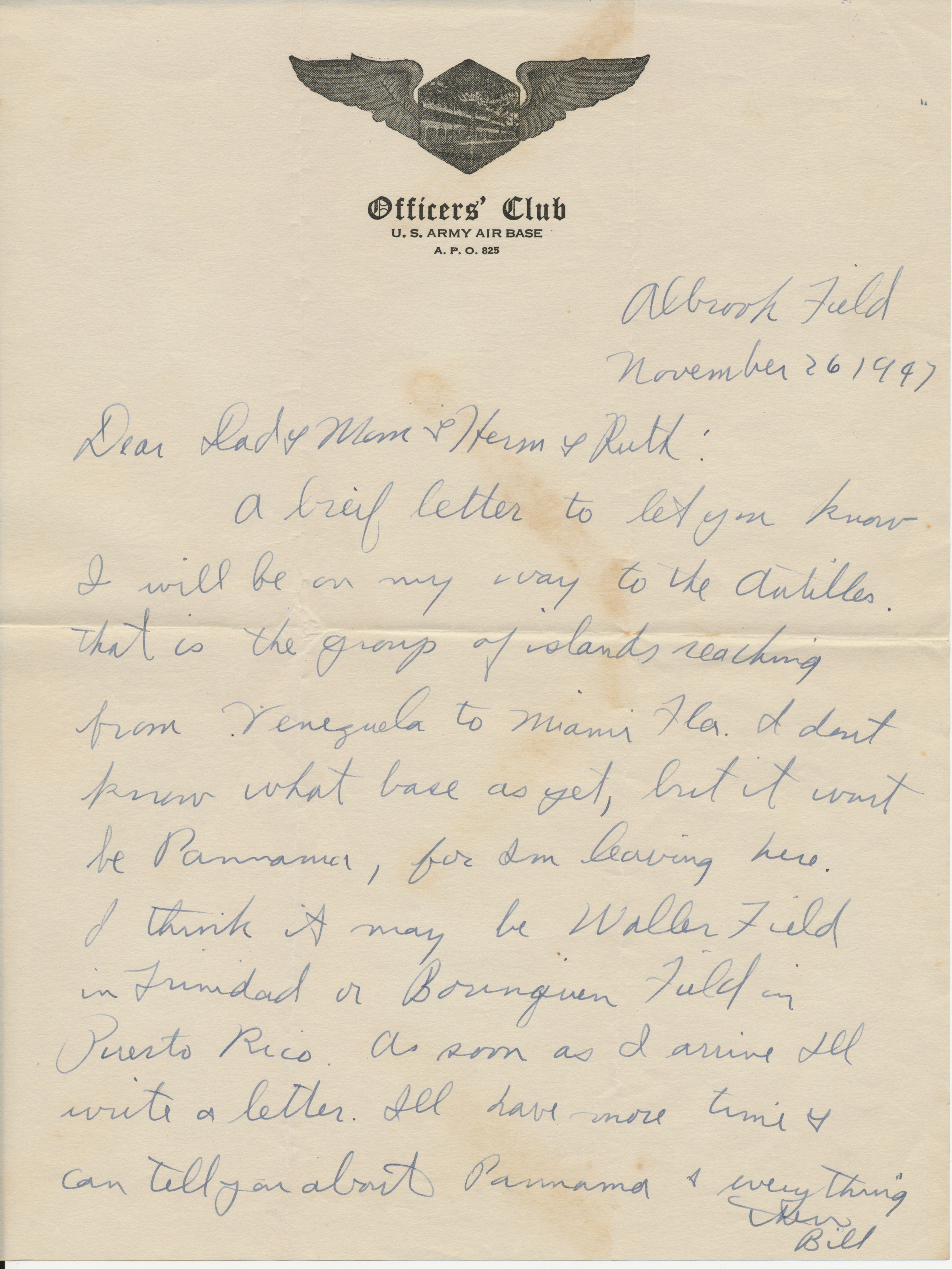 November 26, 1947 William Shepard to parents – jen's ancestors